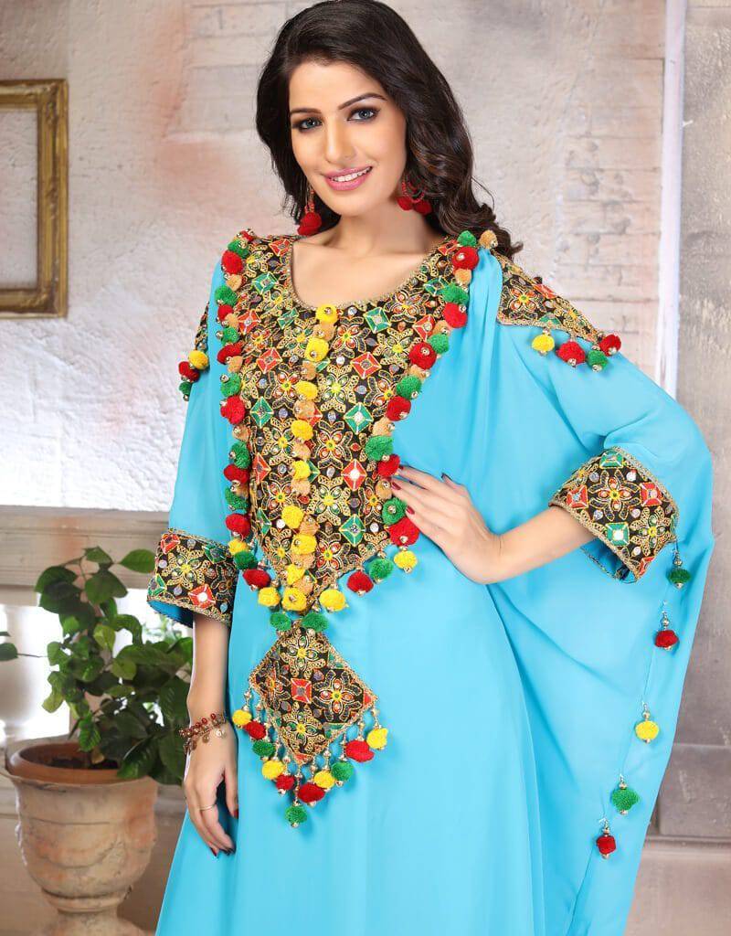 Woman Georgette Embroidery Kaftan Farasha, Georgette, Turquoise ...