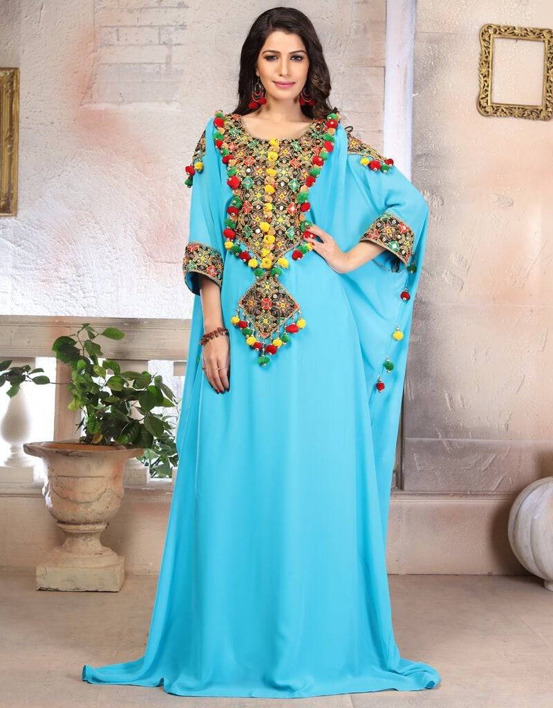 Woman Georgette Embroidery Kaftan Farasha, Georgette, Turquoise ...