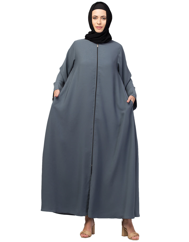 Arabic Basic Abaya with Zipper and Long Sleeves In the Color Grey Front Open, Plain, Matt Nida ...